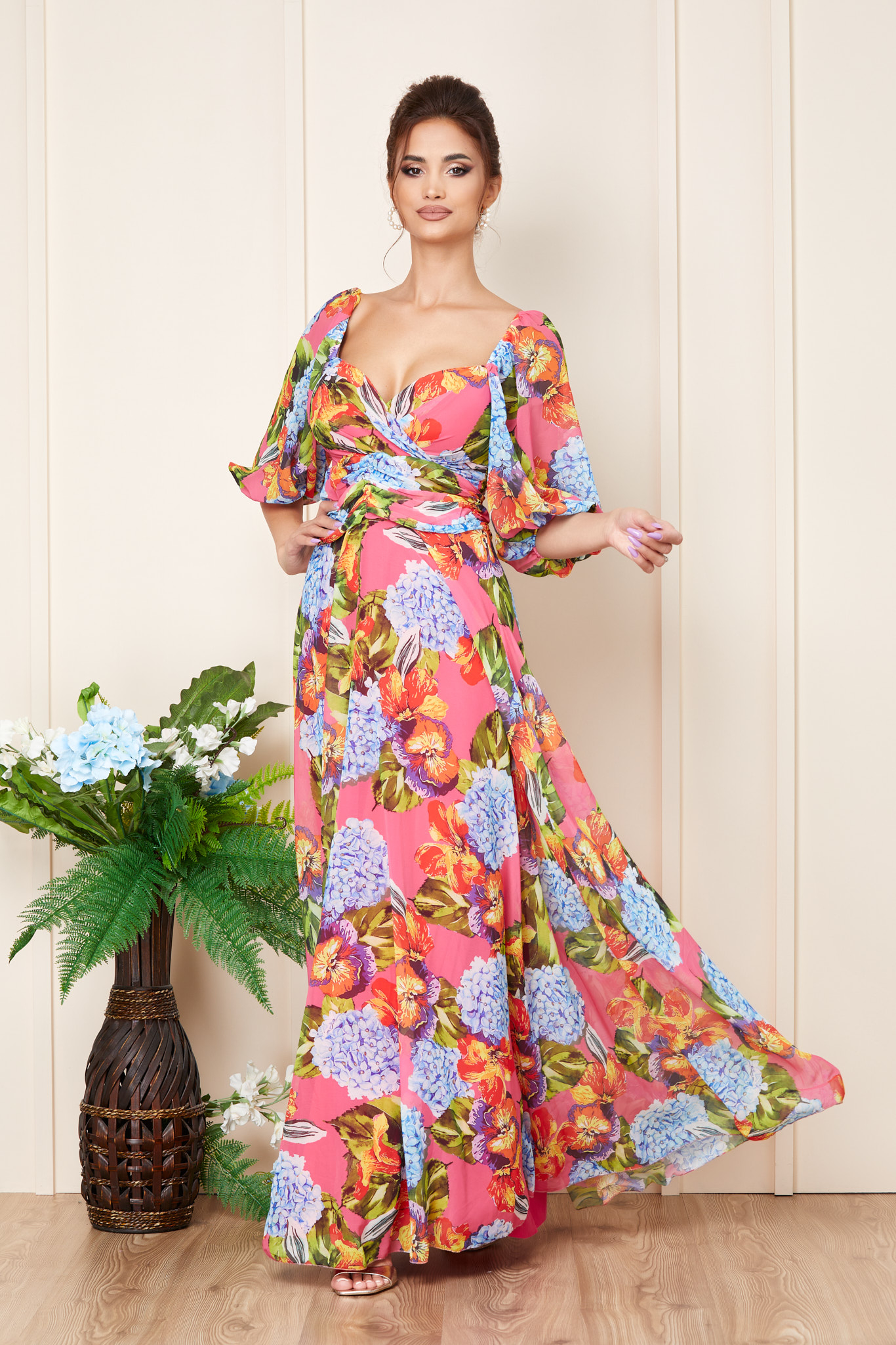 Rochie Priscilla Roz Multicolora | rochii-ieftine.net