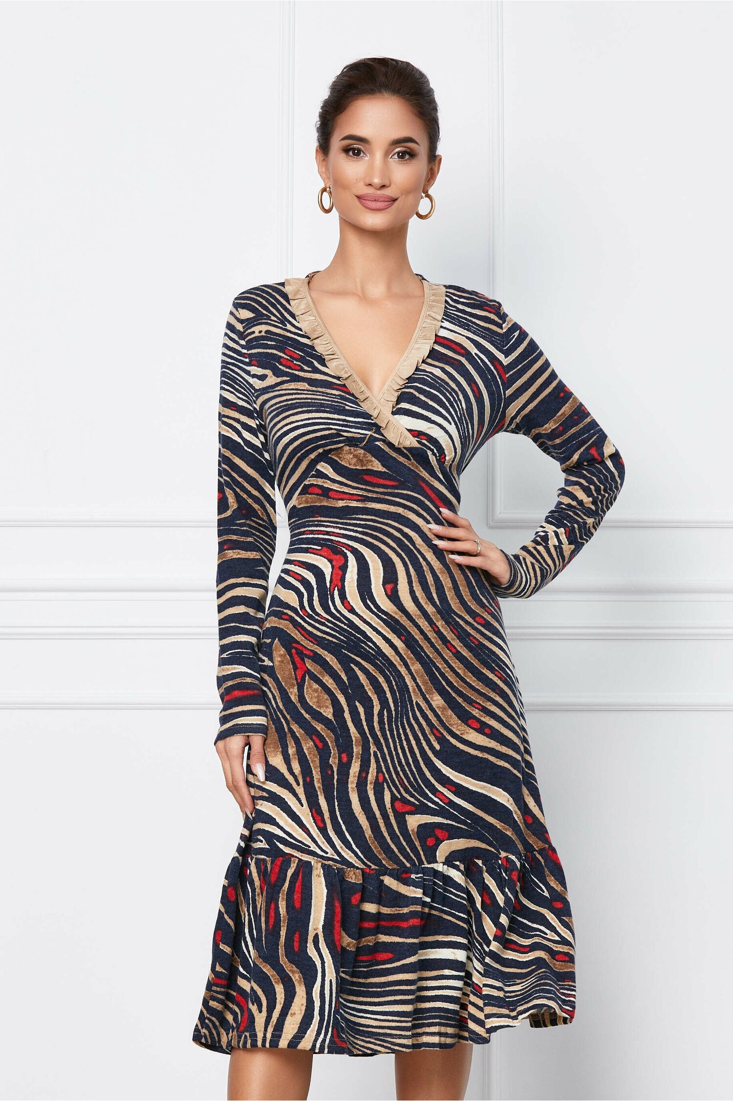 Rochie Vania bleumarin cu imprimeu waves rosu si bej | rochii-ieftine.net