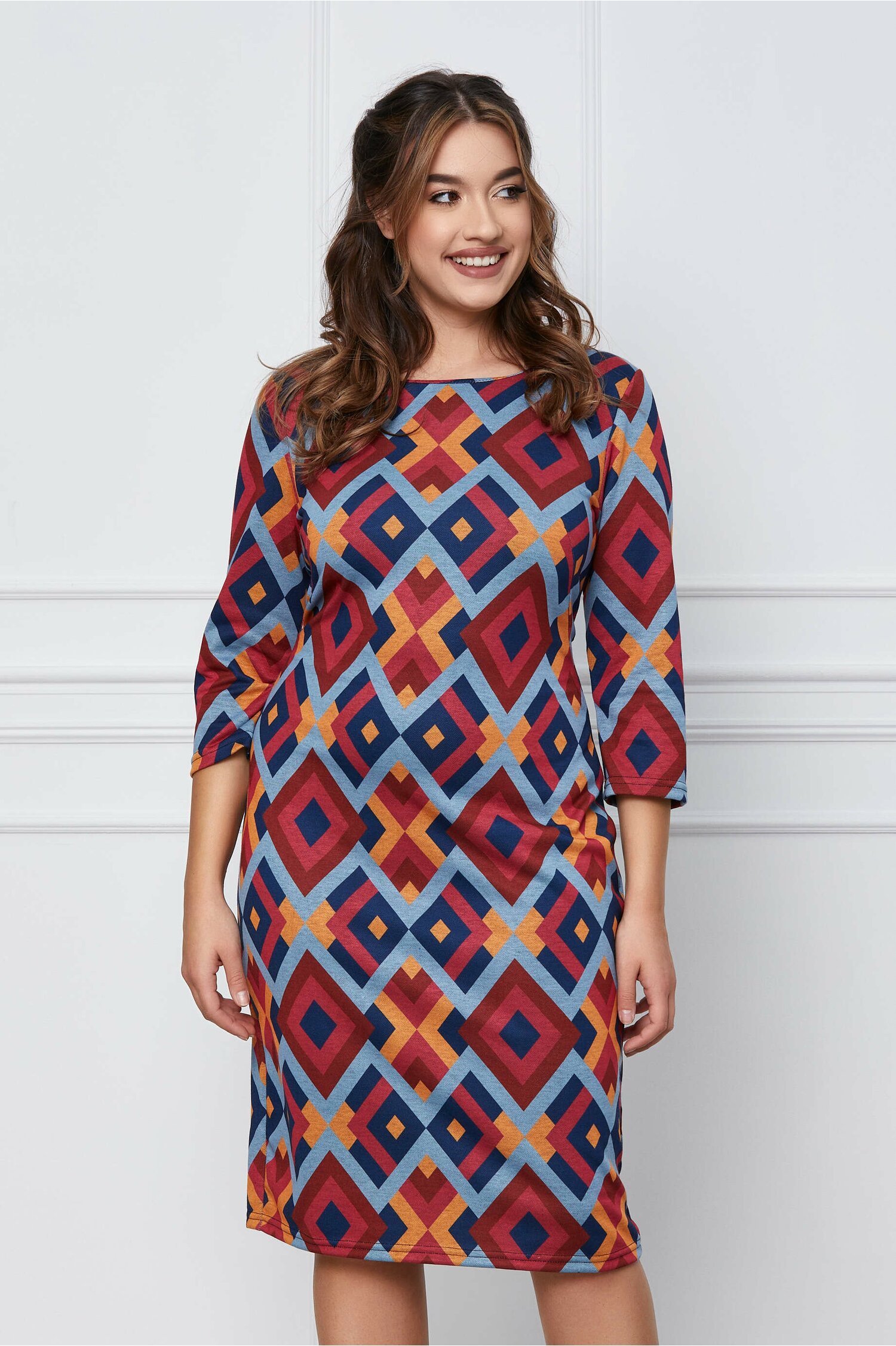 Rochie Silvia bleu cu imprimeuri geometrice | rochii-ieftine.net