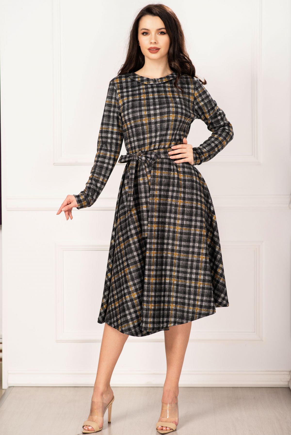 Rochie de zi Mady din jerse gri in clos cu dungi galbene | rochii ...