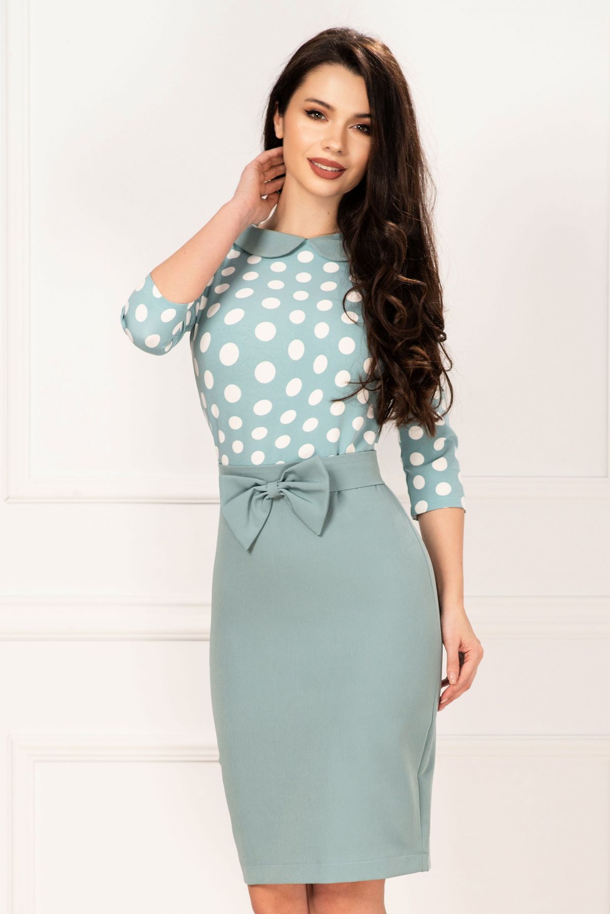 Rochie InPuff conica de zi turquoise cu buline si funda detasabila ...