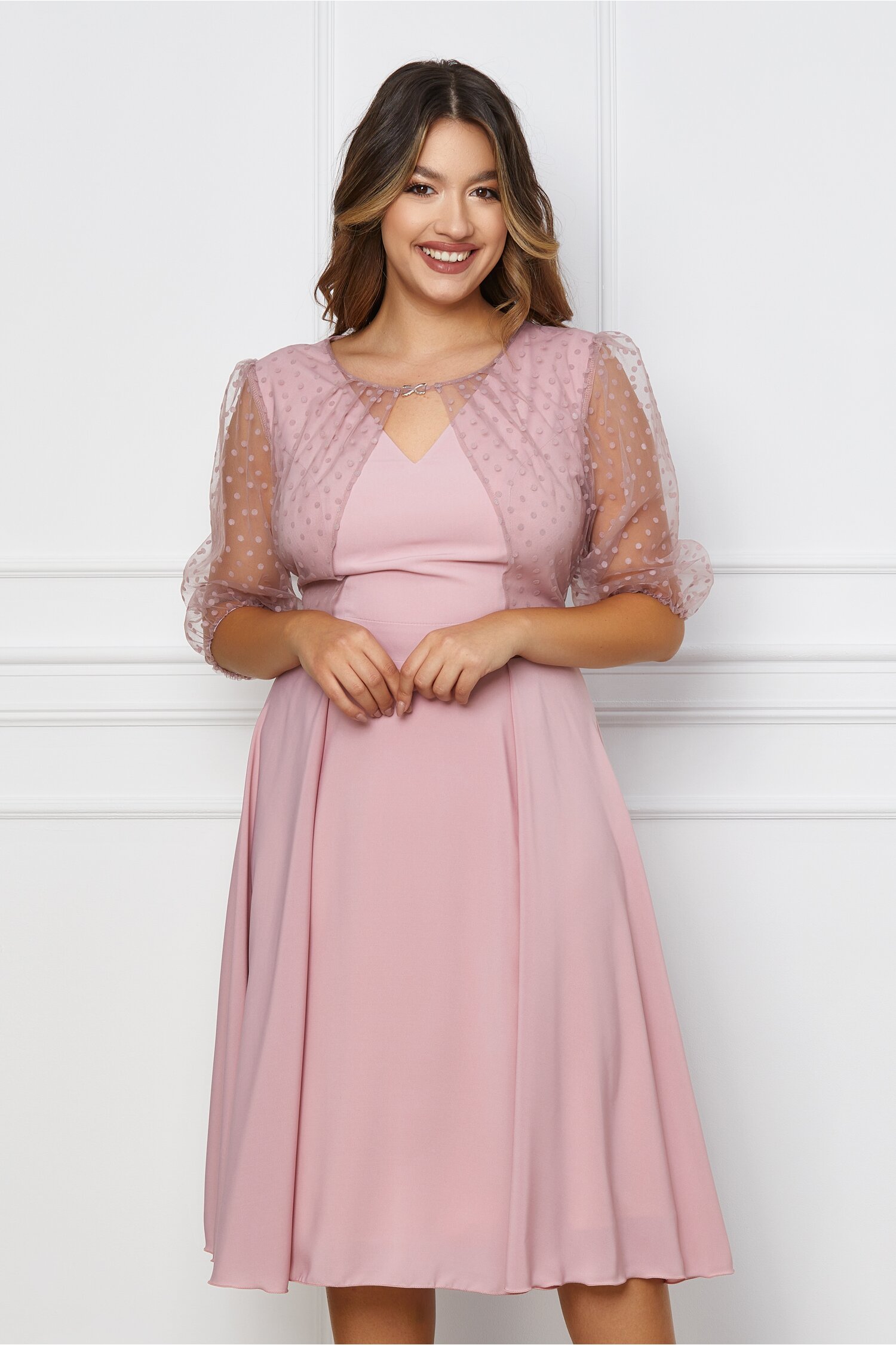 Rochie Valeria roz cu tull si buline catifelate la bust | rochii ...