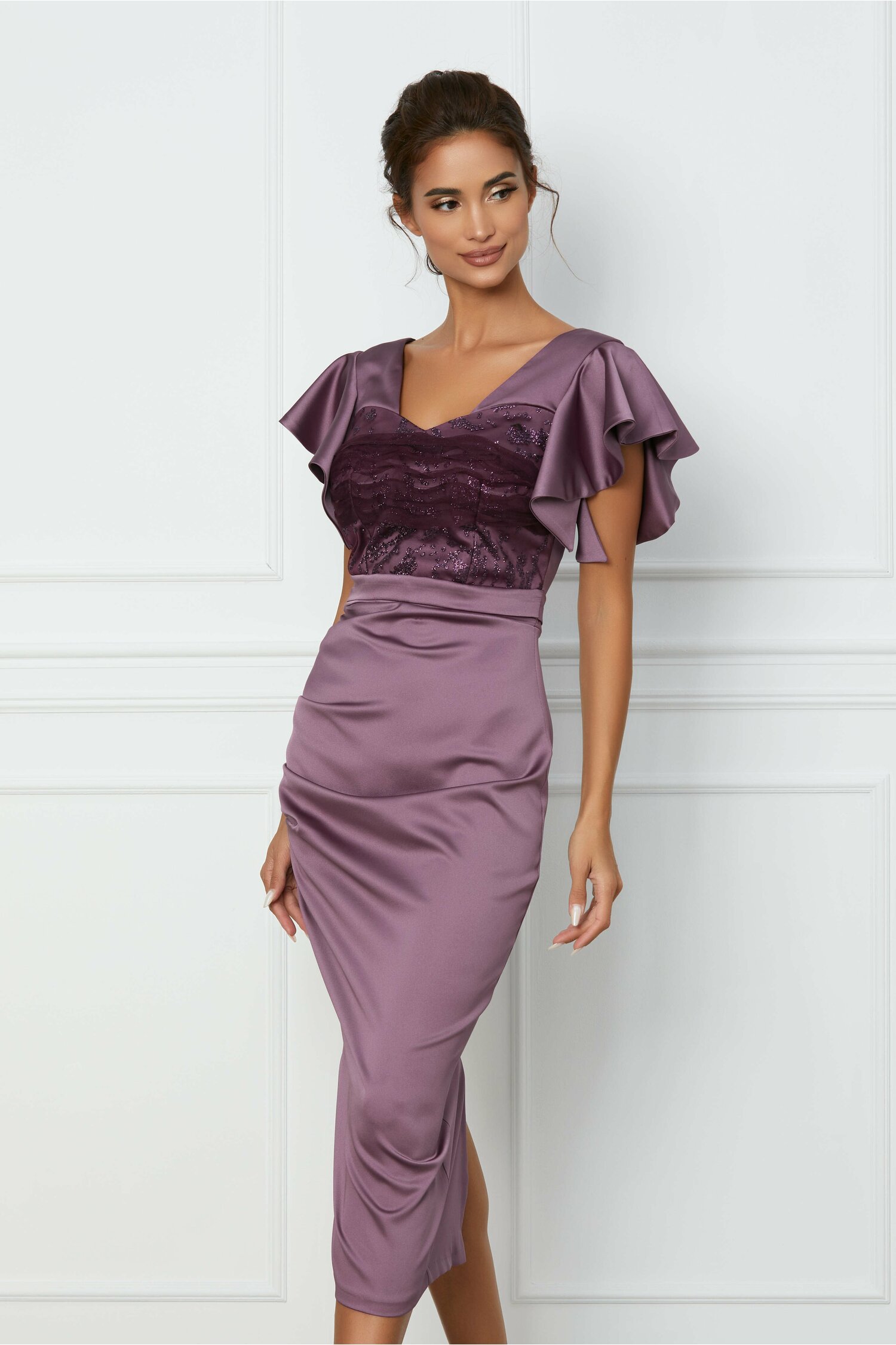Rochie Moze lila prafuit cu glitter si tull la bust | rochii-ieftine.net
