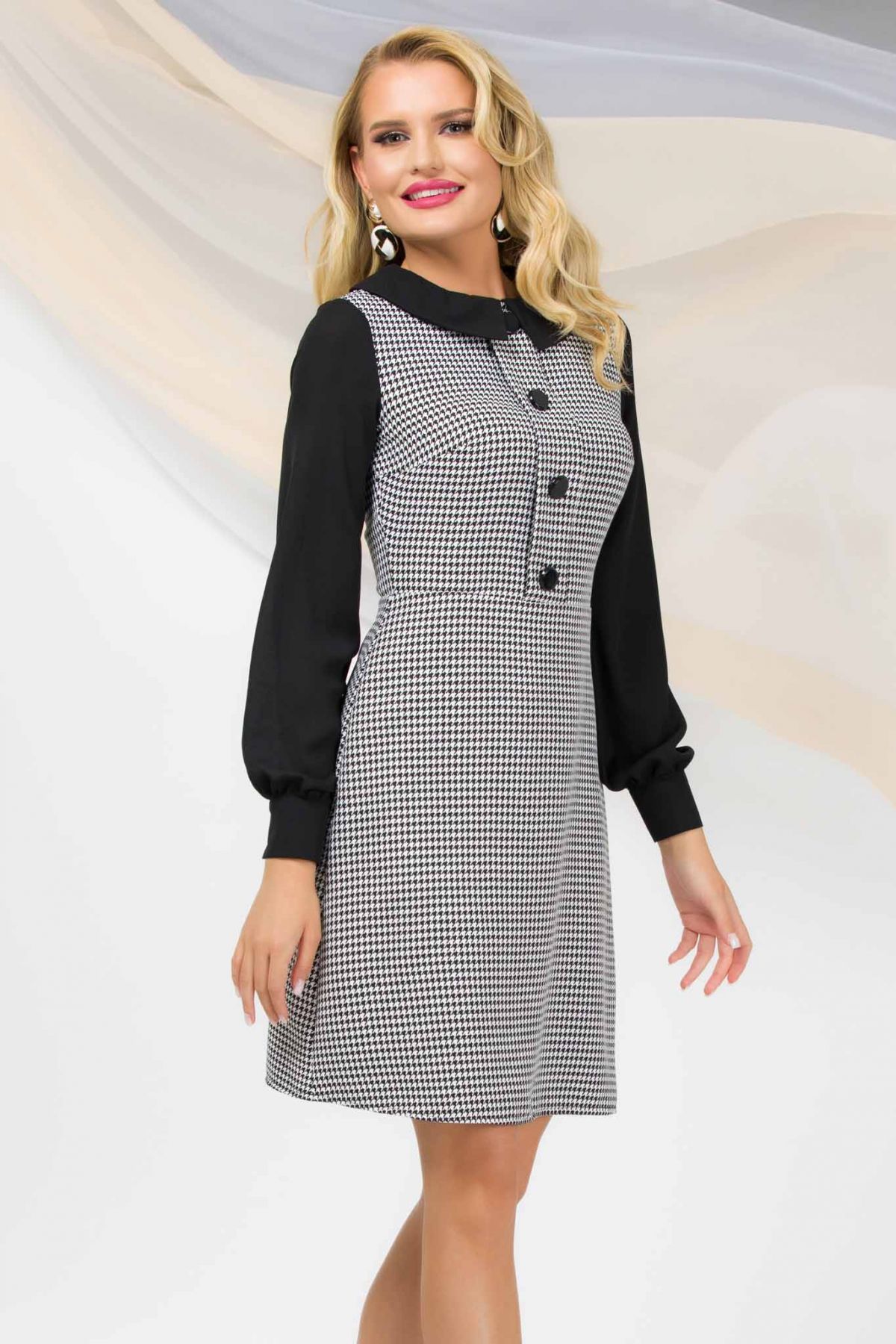 Rochie office Pretty Girl evazata cu print pied du coq | rochii-ieftine.net