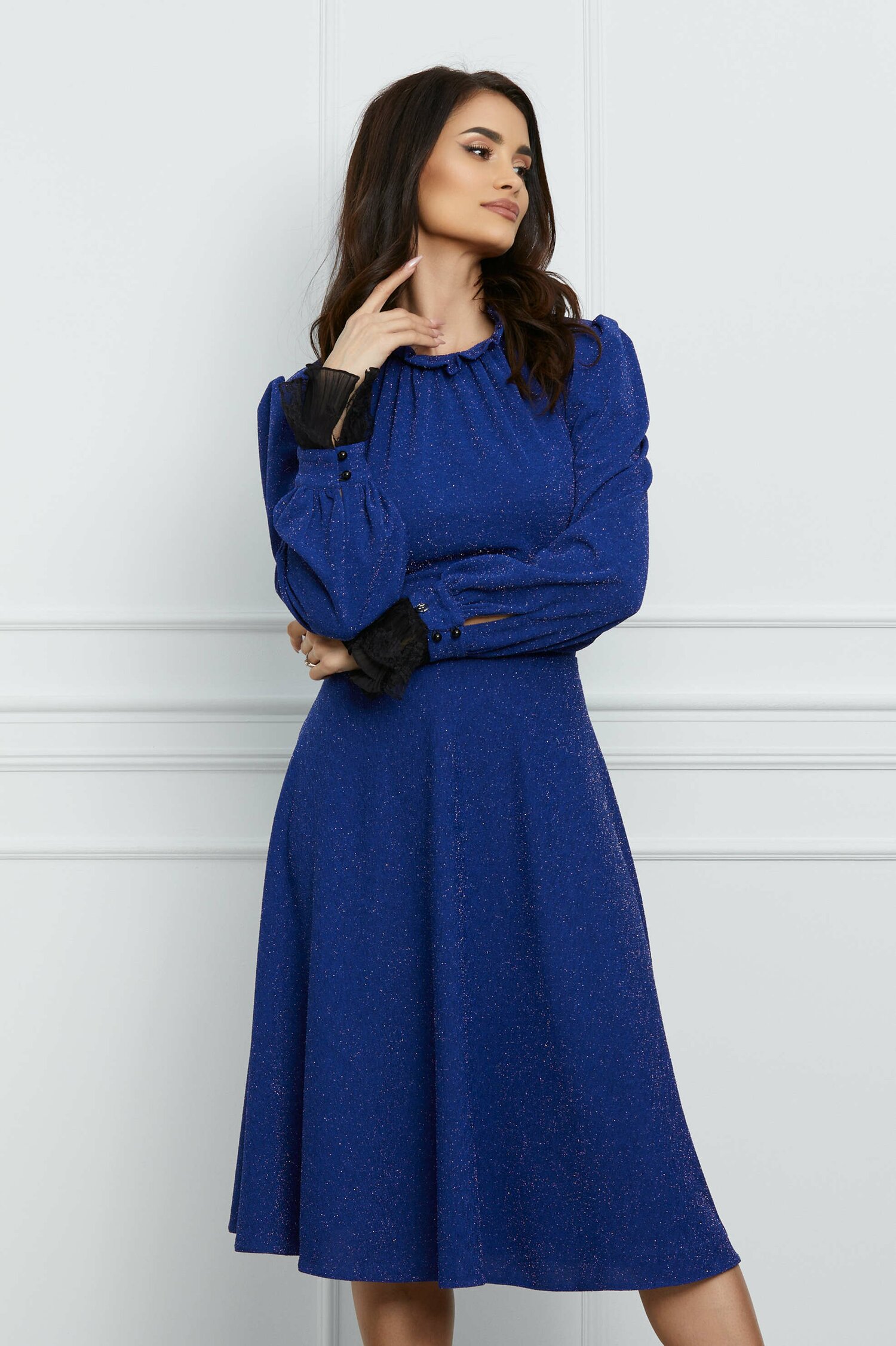 Rochie Dy Fashion albastra din lurex cu dantela la maneci | rochii ...
