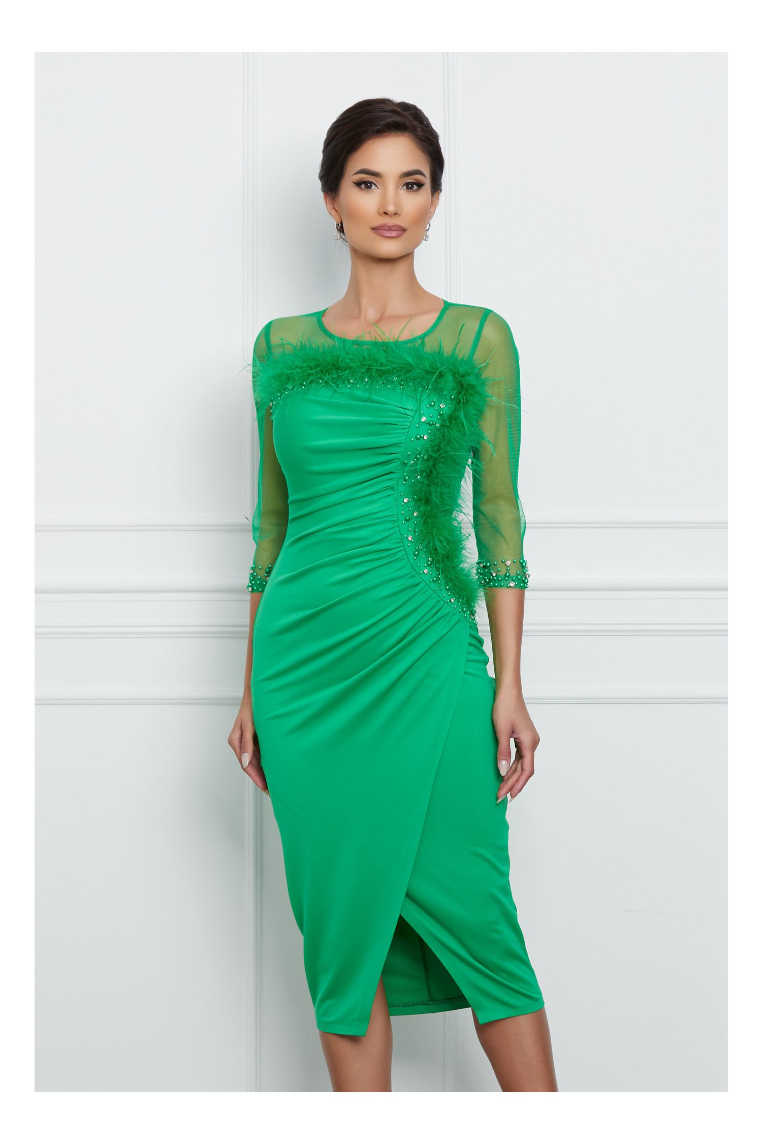 Rochie Anemona verde cu fulgi si perlute | rochii-ieftine.net