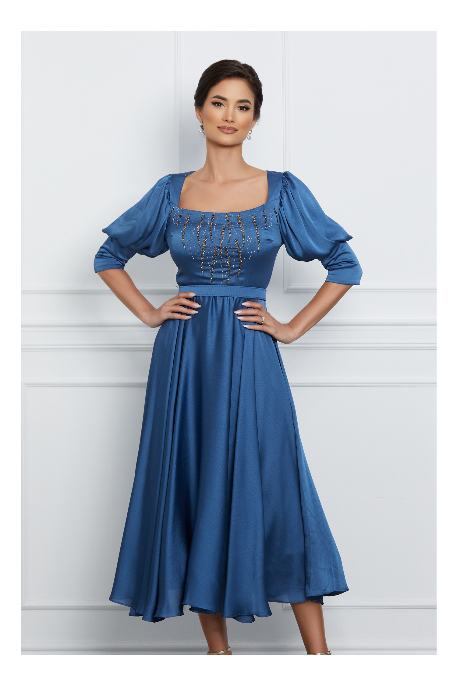 Rochie Bianca albastra cu strasuri la bust si curea in talie | rochii ...