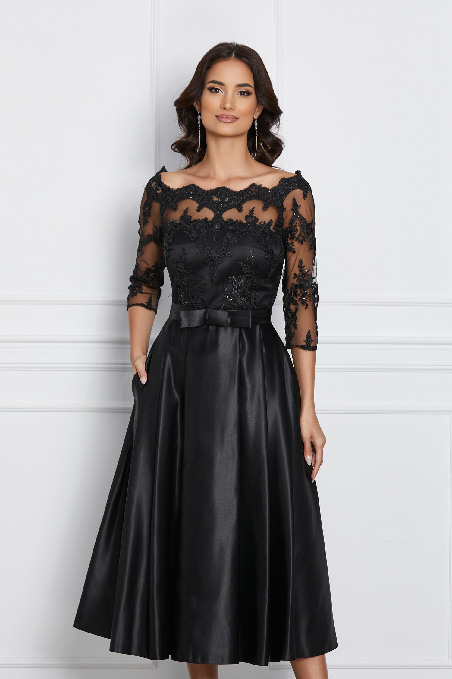 Rochie Mara neagra din voal cu fir lurex si insertii in relief | rochii ...